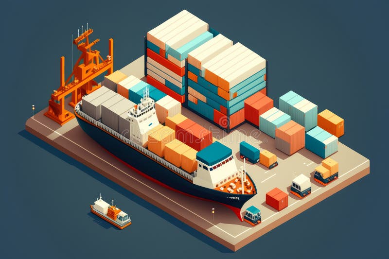 Busy Shipping Container Terminal in Simplefied Style Stock Image ...