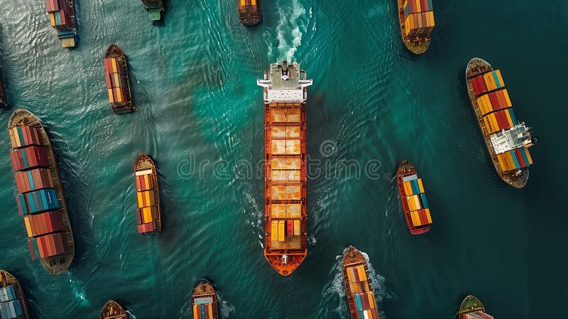 Busy Shipping Harbor with Multiple Container Ships Navigating through ...