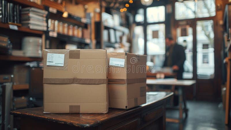 Busy Shop Interior Featuring Cardboard Boxes with a Customer Browsing ...
