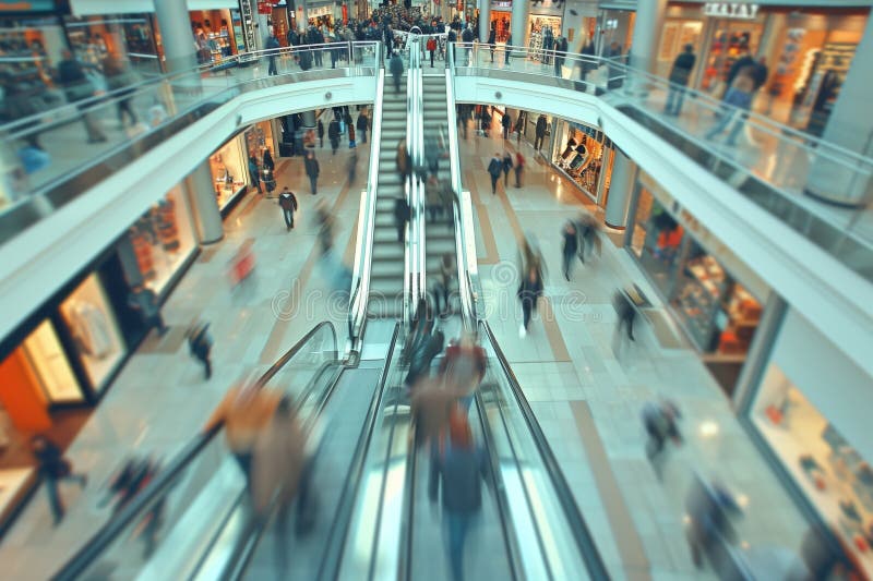 A Busy Shopping Mall with People Walking Up and Down Escalators Stock ...