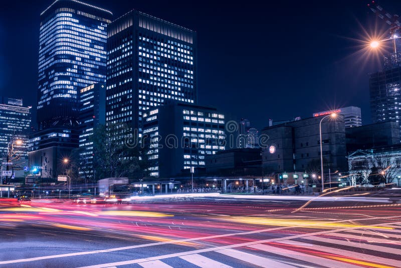 Busy Streets of Osaka at Night Time with Light Trails Editorial Stock ...