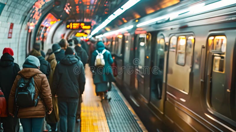 A Busy Subway Platform with a Group of Commuters Waiting for the Train ...