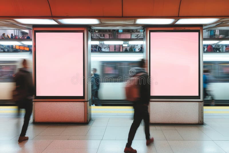 Busy Subway Station with Empty Billboards and Passing Train Stock ...