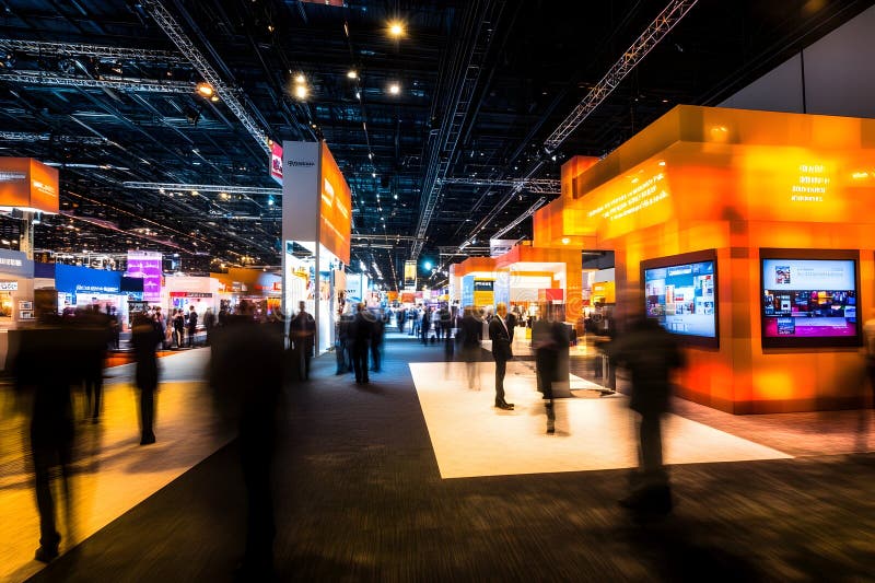 Busy Tech Conference Exhibit Hall with Attendees and Bright Displays ...