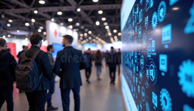 Busy Tech Expo. Attendees Explore Innovative Tech Exhibits. Interactive Displays. Lively Expo ...