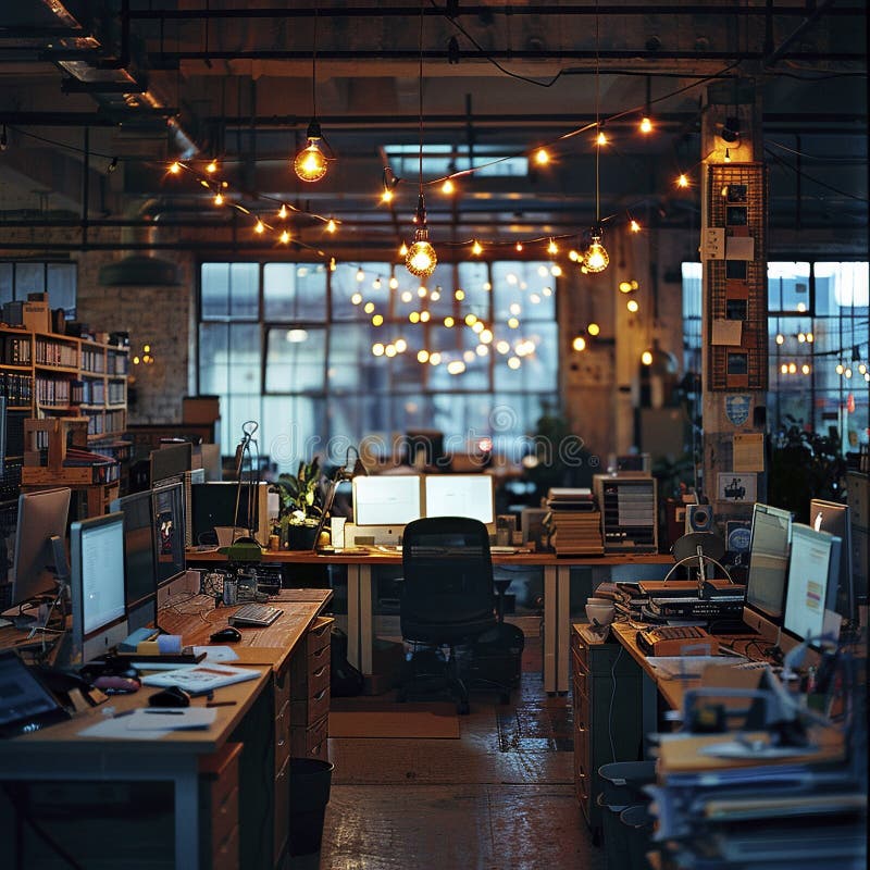 Busy Tech Startup Office Dim Overhead Light Cluttered Desks Wideangle ...
