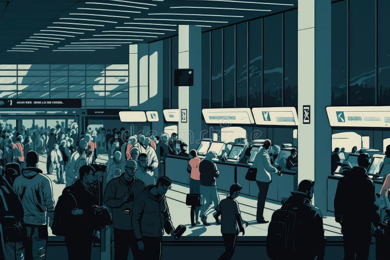 Busy Terminal, with Crowds of People and Lines at Check-in Counters and ...