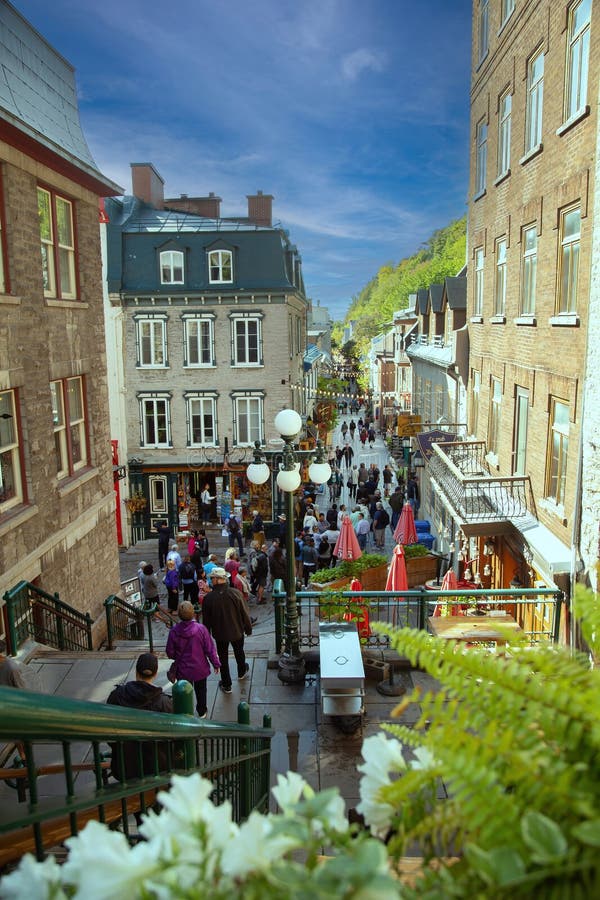 Busy and Touristic Street in Champlain District in Old Quebec in Canada ...