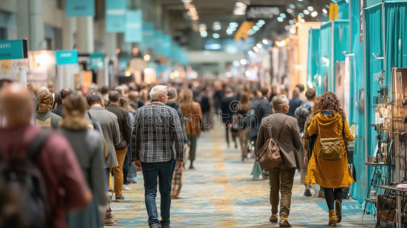 Busy Trade Show Attendees Walking through a Large Exhibition Hall Stock ...