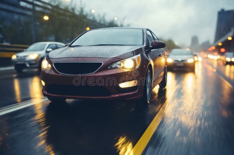 Busy Traffic on a Wet Highway Road on a Rainy Evening Stock ...