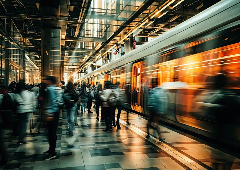 Busy Train Station with a Silver Train and a Group of People Walking in ...