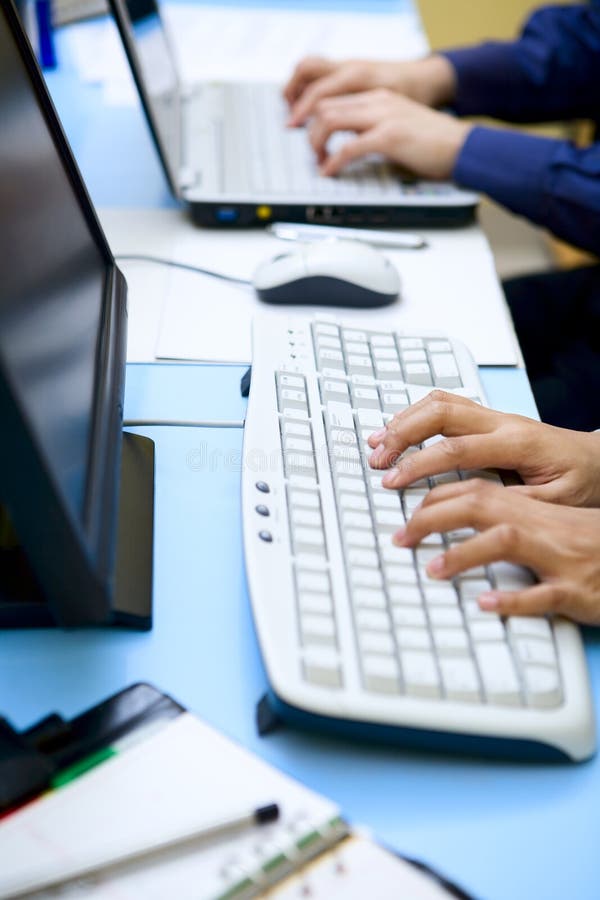 Hand Typing Keyboard with Blank Monitor Stock Image - Image of hand ...