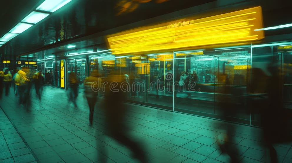 Busy Underground Train Station with Blurred Motion Stock Illustration ...