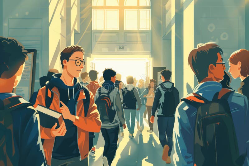 A Busy University Hallway Filled with Confident Students Engaging in ...