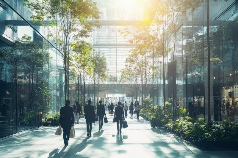 Busy Urban Office Walkway with Modern Architecture and Greenery Stock ...