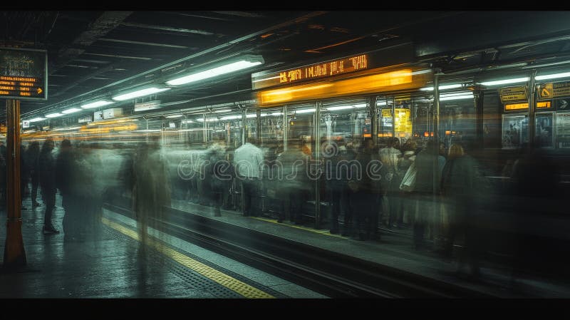 Busy Urban Subway Station with Blurred Commuters at Night Stock ...