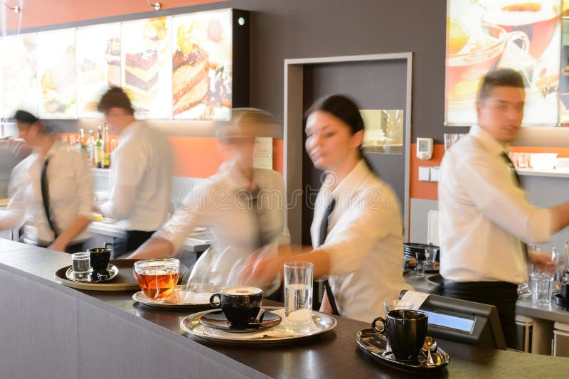 Busy Waiter and Waitresses Working at Bar Stock Image - Image of diner ...