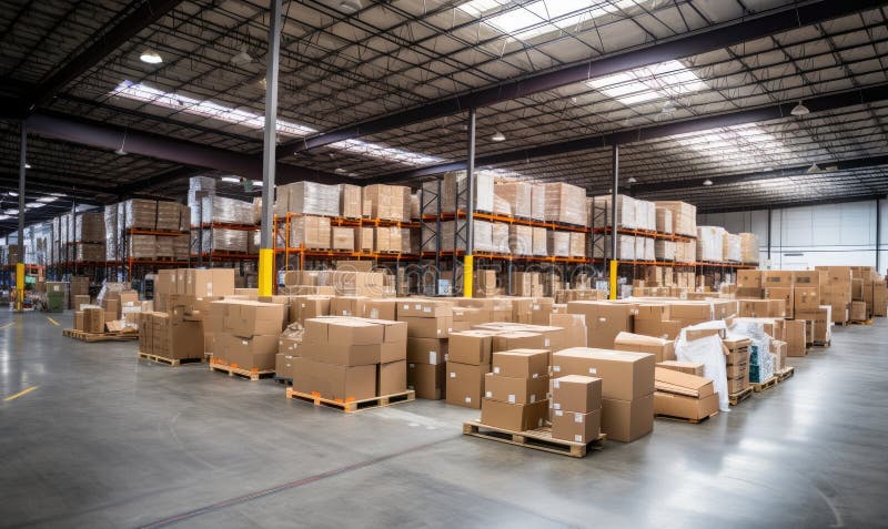A Busy Warehouse Filled with Stacked Packages and Storage Containers ...