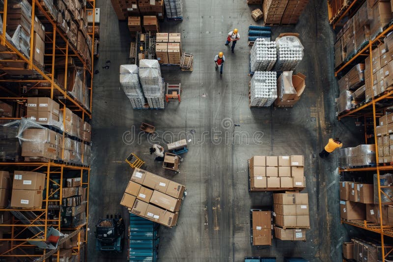 A Busy Warehouse Floor Filled with Boxes and Pallets As Workers Sort ...
