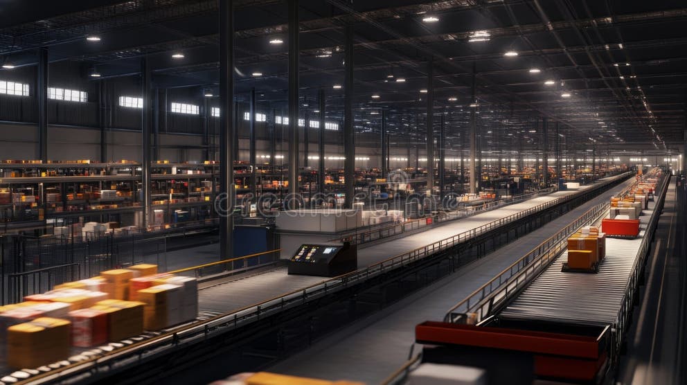 Busy Warehouse Interior with a Conveyor System Transporting Packages ...