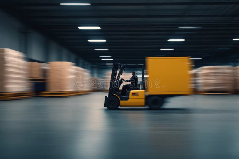 Busy Warehouse Operations with a Forklift Moving Quickly Past Stacked ...