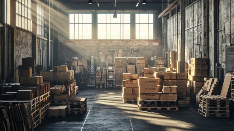 Busy Warehouse Scene Featuring Freight, Pallets, and Cardboard ...