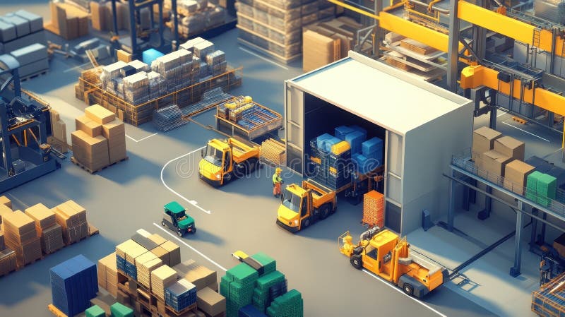 A Busy Warehouse Scene with Forklifts Loading and Unloading Cargo Stock ...