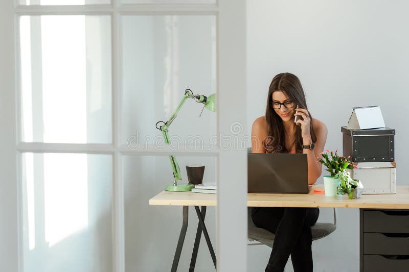 Busy Woman Sitting at Home Desk Working Stock Photo - Image of mobile ...
