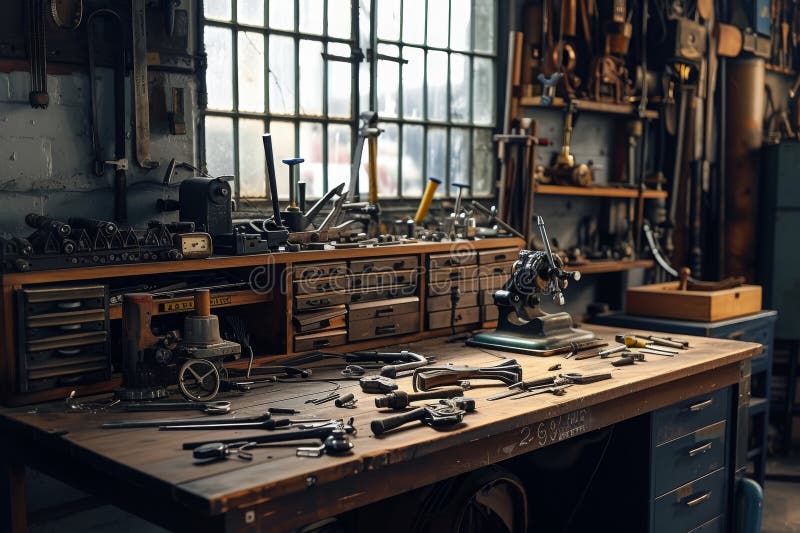 A Busy Workbench Teeming with Various Tools, a Mechanic S Workbench ...