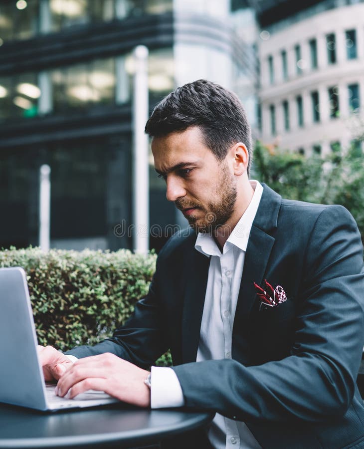 Busy Worker Using Laptop in Street Stock Photo - Image of downtown ...