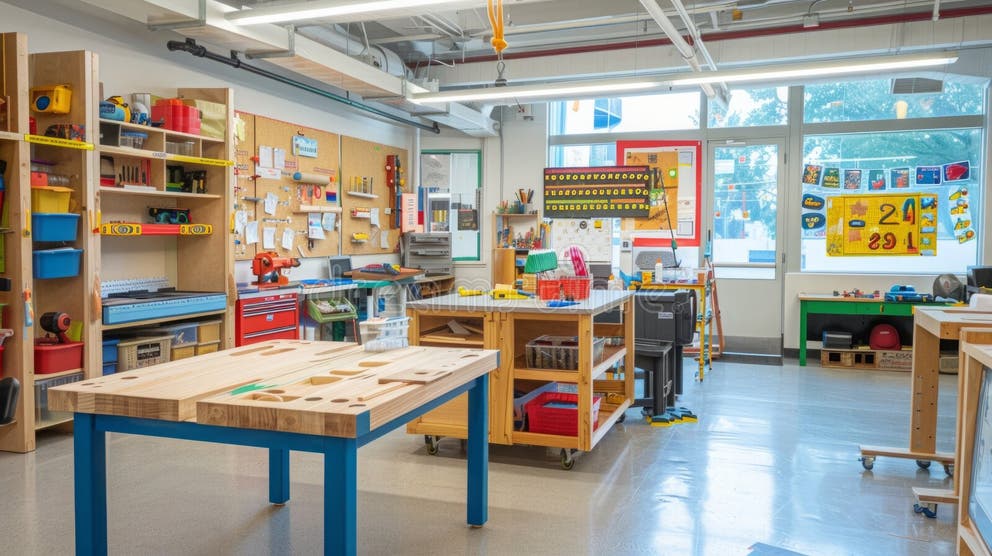 Busy Workshop with Multiple Work Tables and Tools Stock Image - Image ...