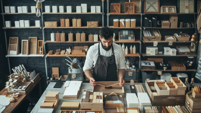 Busy Workshop with Worker Packing Boxes on a Wooden Table Stock Photo ...