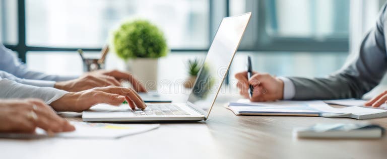 The Busy Workspace Showcasing Collaboration Around a Laptop and ...