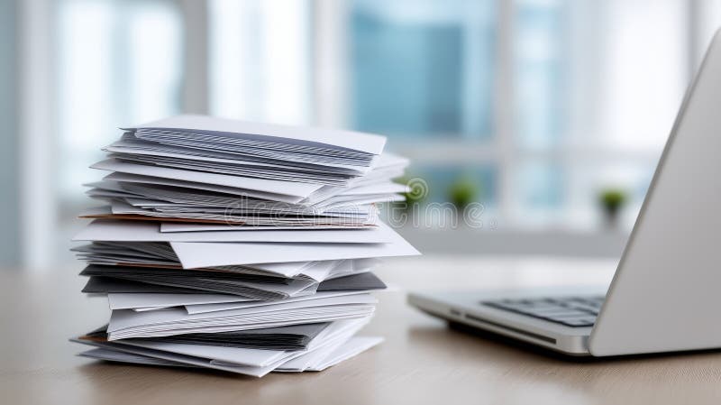 Busy Workspace with Stacks of Documents and a Laptop in Bright Office Setting Stock Image ...