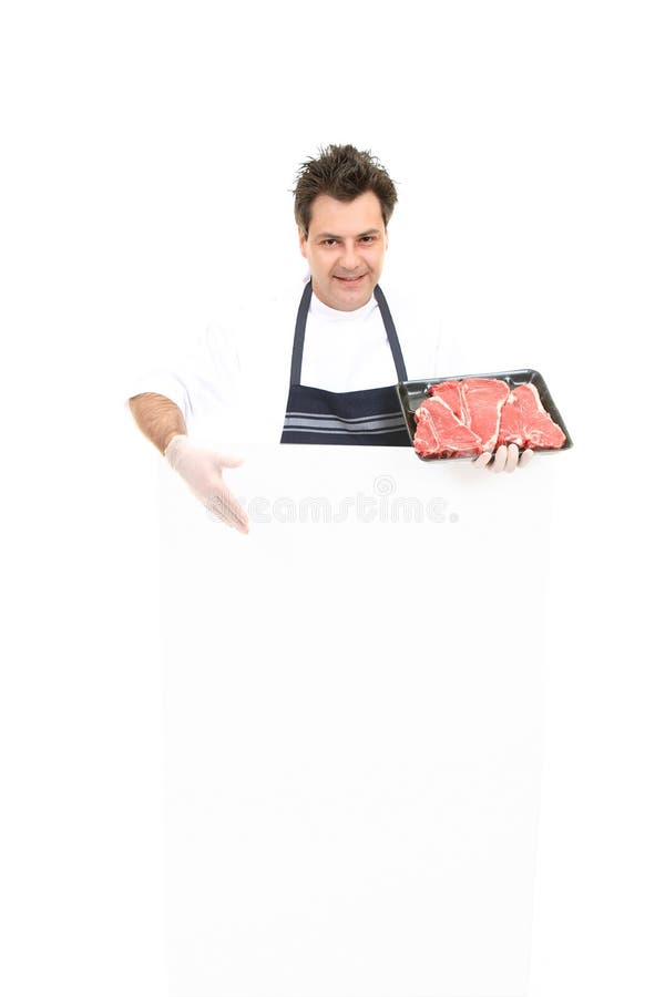 Butcher with Advertising Sign Stock Photo - Image of happy, signage ...