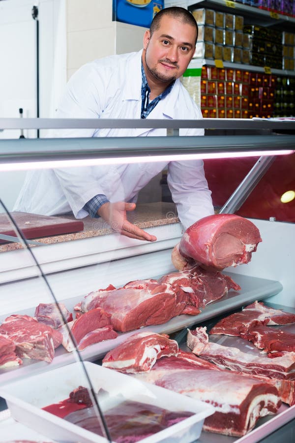 Raw Lamb Meat in Packages on Display in Butcher Shop Stock Photo ...