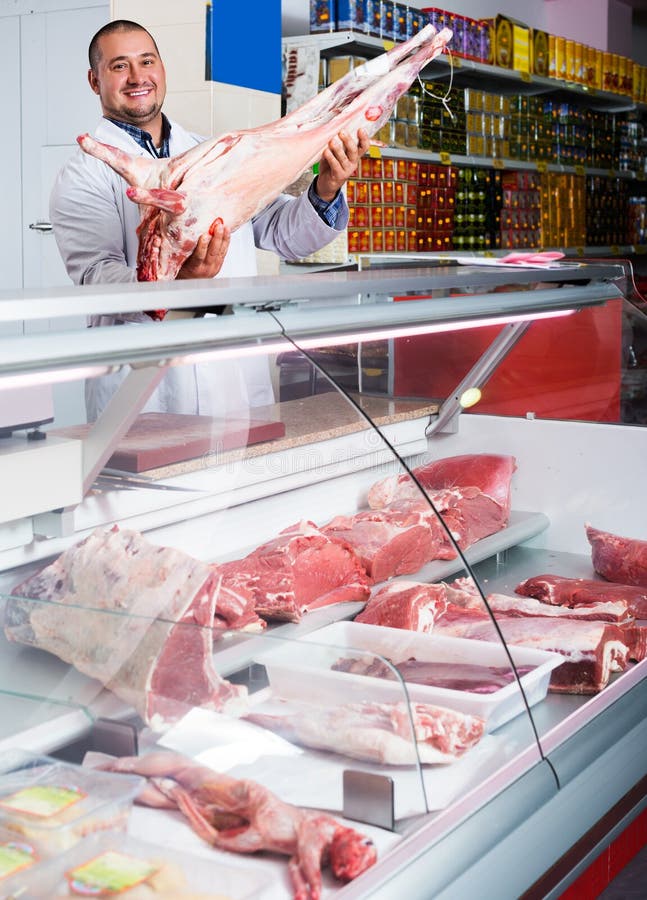 Raw Lamb Meat in Packages on Display in Butcher Shop Stock Photo ...