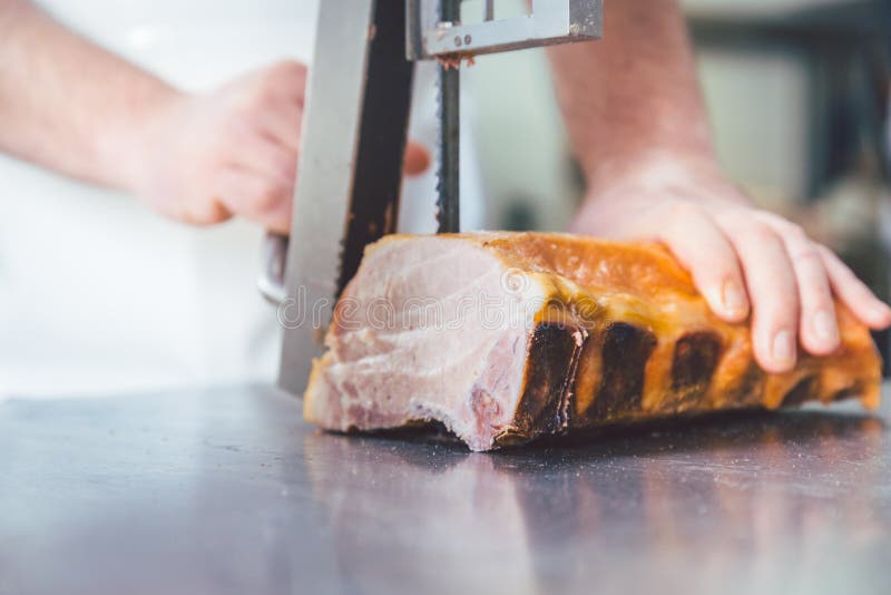 Butcher Cutting Meat in Butchery Stock Image - Image of business ...