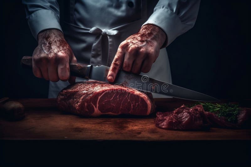 Butcher Cutting Meat with a Sharp Knife. AI. Stock Illustration ...