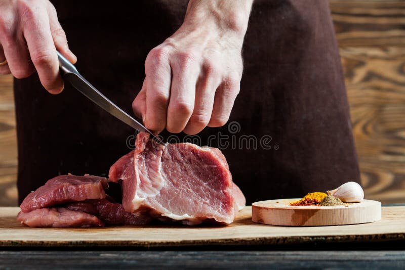 Butcher Cutting Pork Meat on Kitchen Stock Image - Image of kitchen ...