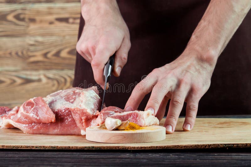 Butcher Cutting Pork Meat on Kitchen Stock Image - Image of preparation ...