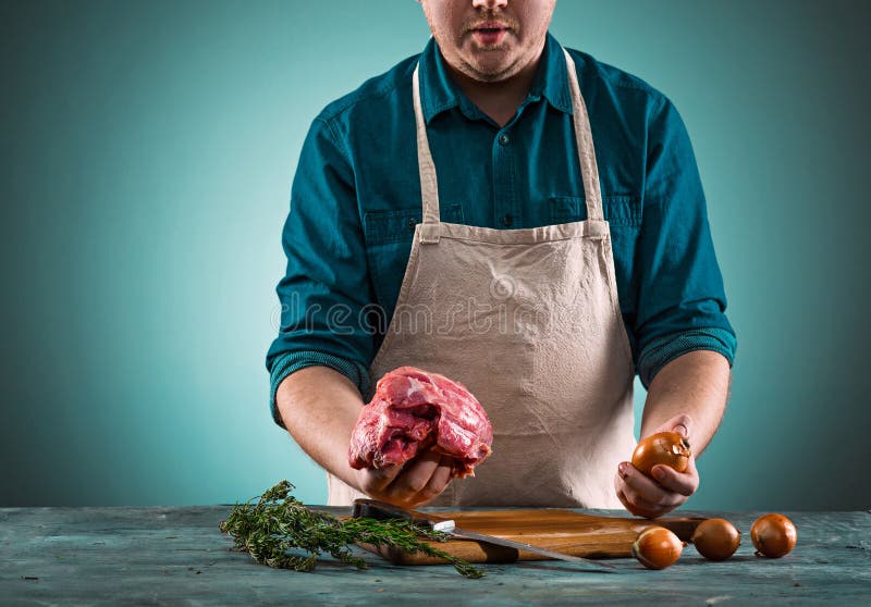 Butcher Cutting Pork Meat on Kitchen Stock Photo - Image of board ...