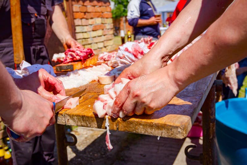 Butcher is Cutting, Processing Fresh Meat Stock Image - Image of cook ...