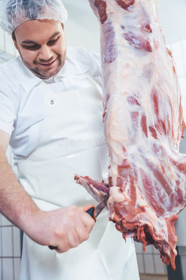 Butcher Cutting To Pieces Meat from Carcass Stock Photo - Image of work ...