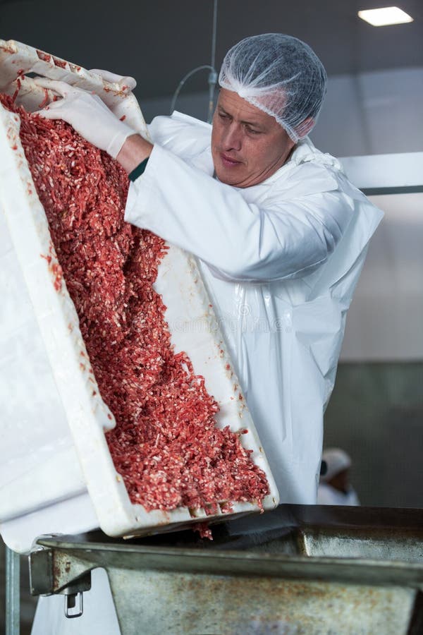Butcher Emptying Tray with Minced Meat Stock Image - Image of adult ...