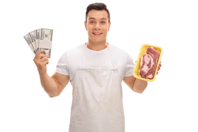 Butcher Holding a Steak and Stacks of Money Stock Image - Image of sale ...