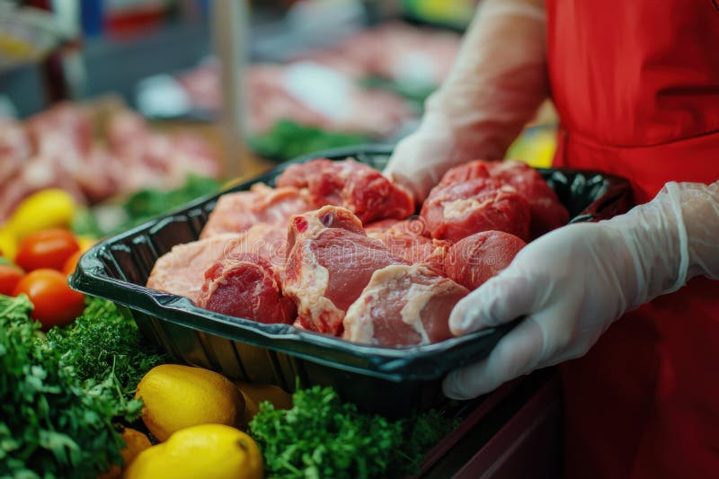 Butcher Holding Tray of Fresh Meat Stock Photo - Image of handling ...