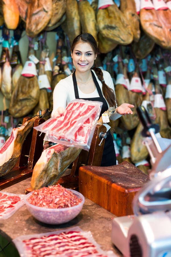 Butcher with Lard and Meat in Counter of Store Stock Photo - Image of ...