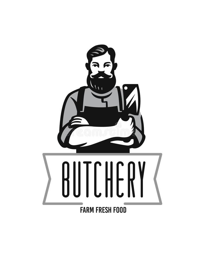 Butcher Logo with Text. Man with Beard and Large Knife Stock Vector ...