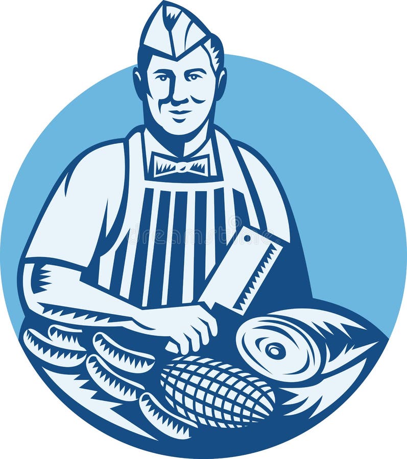Butcher with Meat Cleaver Meat Cuts Retro Stock Vector - Illustration ...